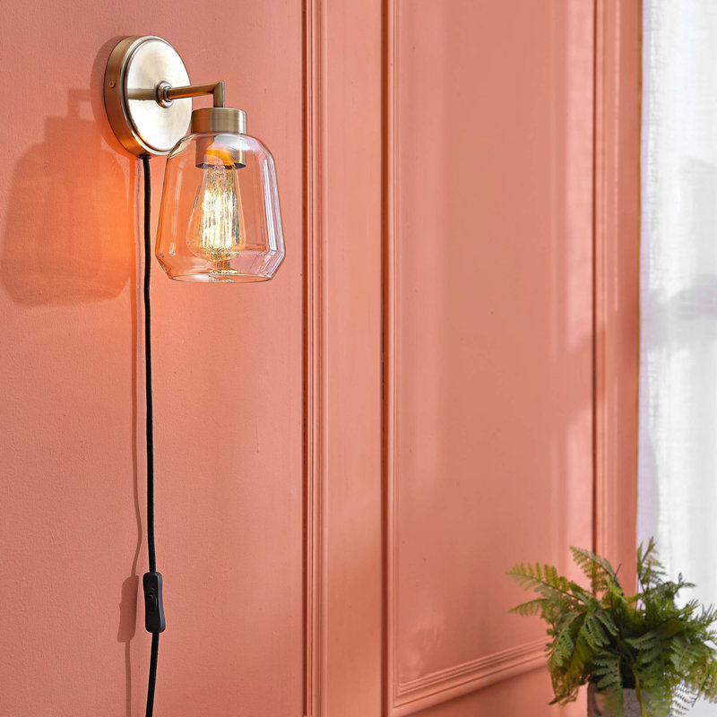 Latitude Run® 1-Light Plug-In Or Hardwire Wall Sconce, Matte Brass, Smoked Amber Glass Shade ...